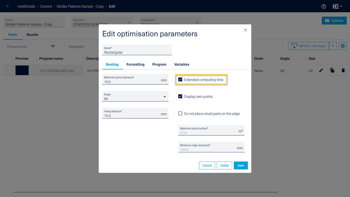 New Nesting Optimization Option Extended Computing Time Homag Docs