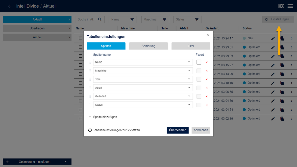 Erweiterung der Übersicht über alle Optimierungen | homag docs