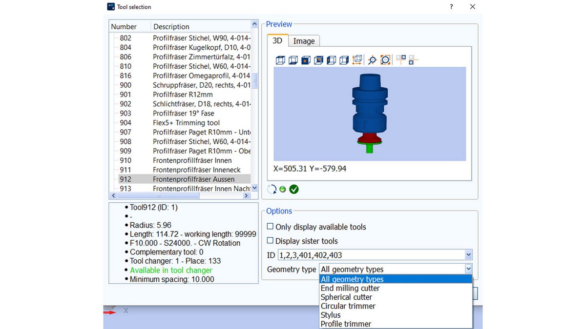 Tool selection with filter option according to geometry types | homag docs