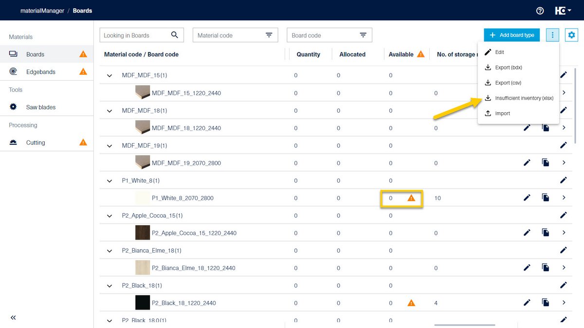 Export of all materials when the minimum stock level is not reached | homag docs