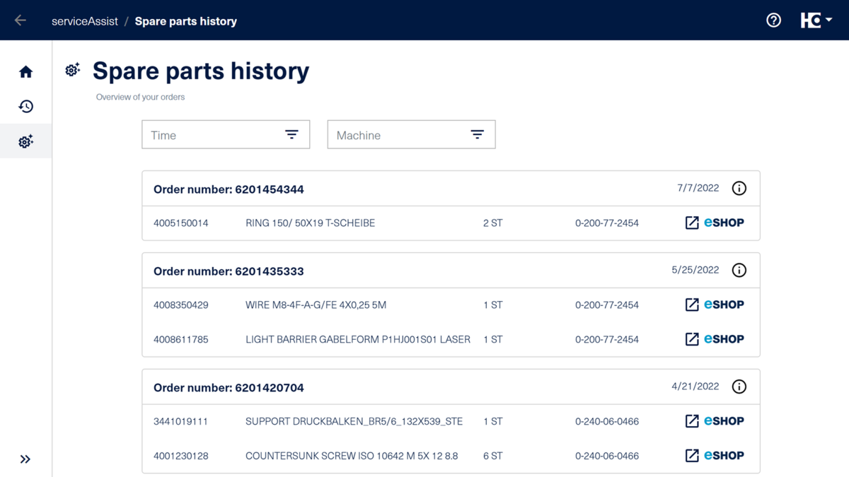 Overview of all spare parts orders | homag docs