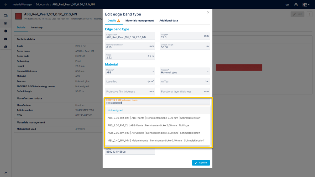 Select technology macros of the EDGETEQ machine in the materialManager! | homag docs