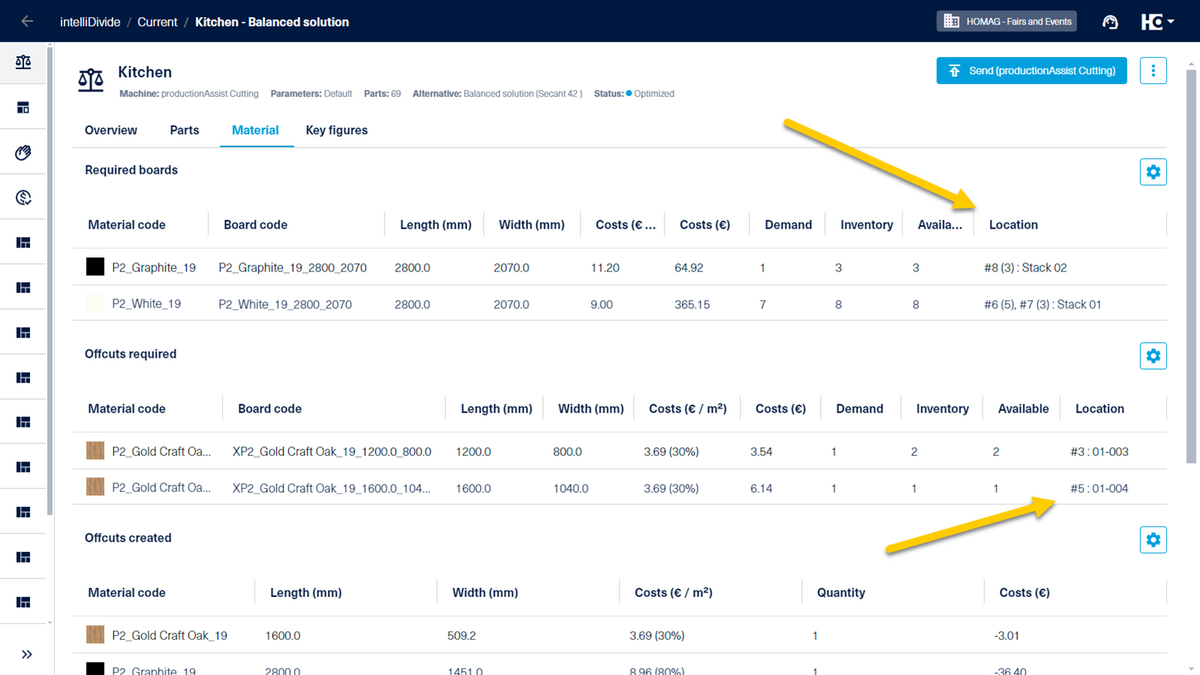 Optimize your workflow - Storage location for required boards and offcuts in the material ...